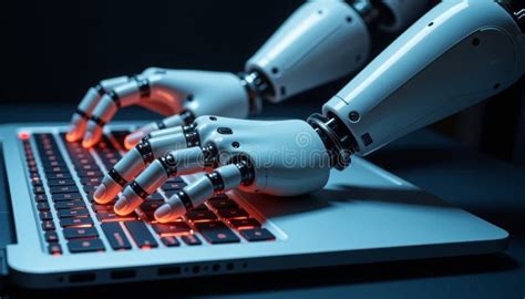 Robotic Fingers Typing On Glowing Laptop Keys Futuristic Technology Stock Image Image Of