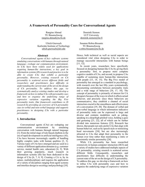 pdf a framework of personality cues for conversational agents