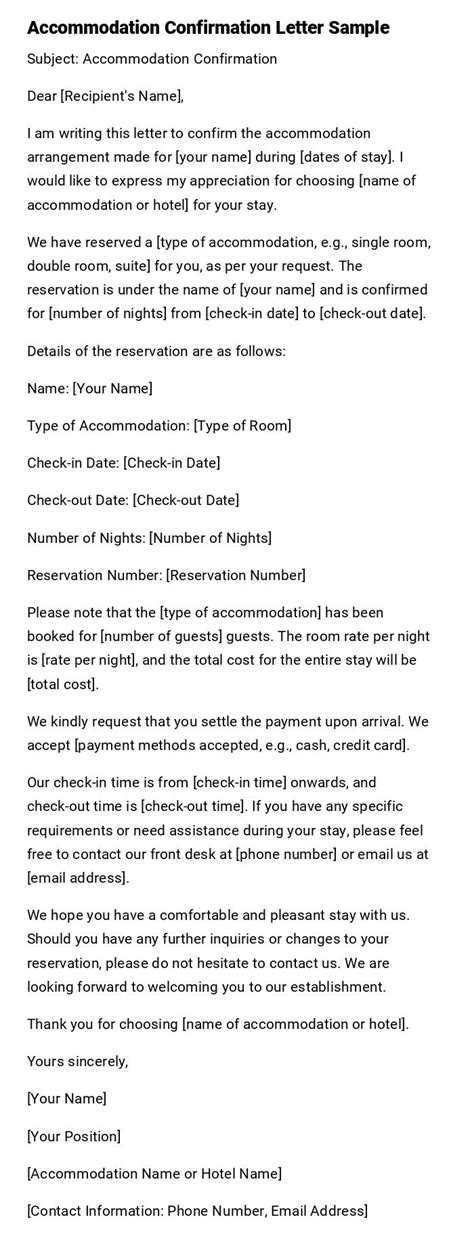 Accommodation Confirmation Letter Sample