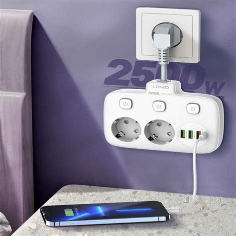 Hitrends Розетка с Usb и Type C удлинитель 2500Вт 10А 2 розетки с выключателем белый адаптер