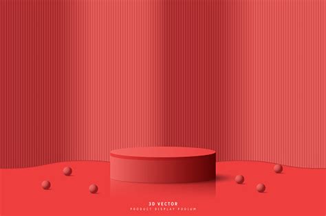빨간색 3d 실린더 연단 받침대는 물결 모양의 벽 배경과 구체 공으로 사실적입니다 쇼케이스를 위한 무대 3d 벡터 기하학적 플랫폼 3d 제품 디스플레이 프리젠 테이션 모형을
