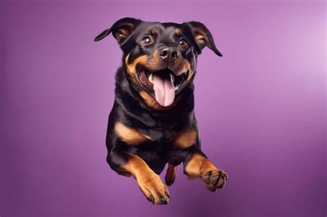 Cachorro Muito Feliz E Alegre Rottweiler Pulando Em Voo Sobre Fundo