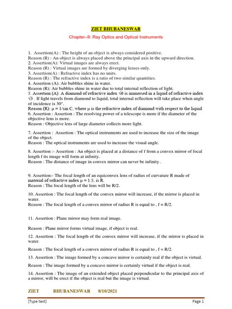 Physics Xii Ch 9 Physics Assertion Reasoning Ray Optics And Optical Instruments Pdf Optics