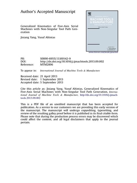 Generalized Kinematics Of Five Axis Serial Machines With Pdf Kinematics Machines
