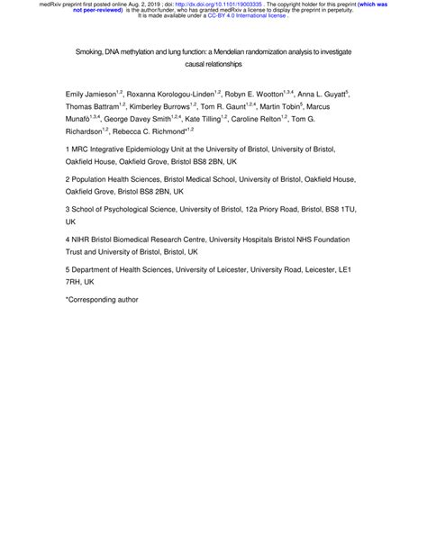 Pdf Smoking Dna Methylation And Lung Function A Mendelian