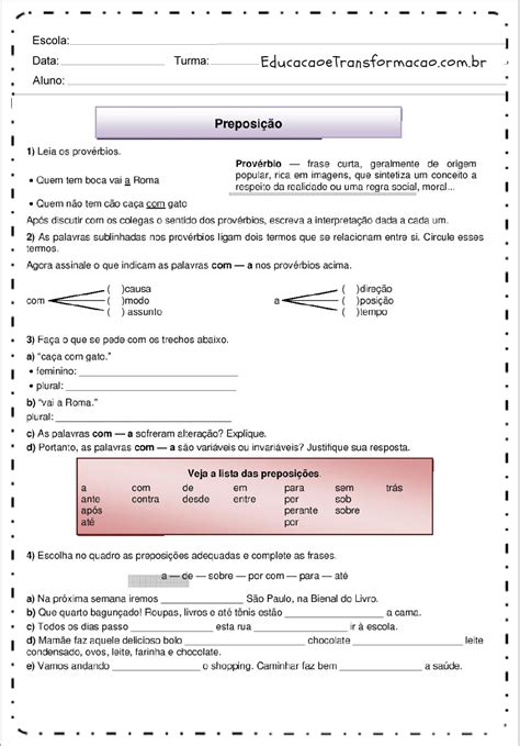 Preposição Atividade 5 Ano Fdplearn