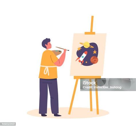 아이에게 공간을 그리고 이젤에 로켓을 칠합니다 아티스트 스튜디오 또는 미술 학교에서 그리는 어린 소년 캐릭터 그림 만들기 개발에 대한 스톡 벡터 아트 및 기타 이미지
