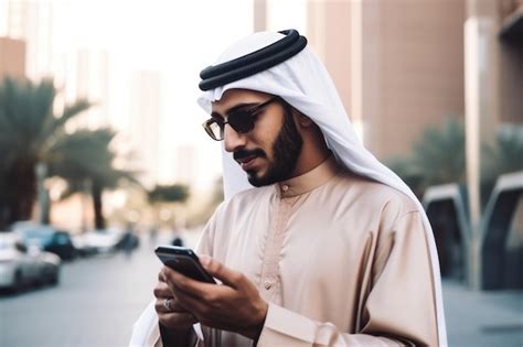 Premium Ai Image Arab Emirati Man Texting In Uae Using Mobile Phone