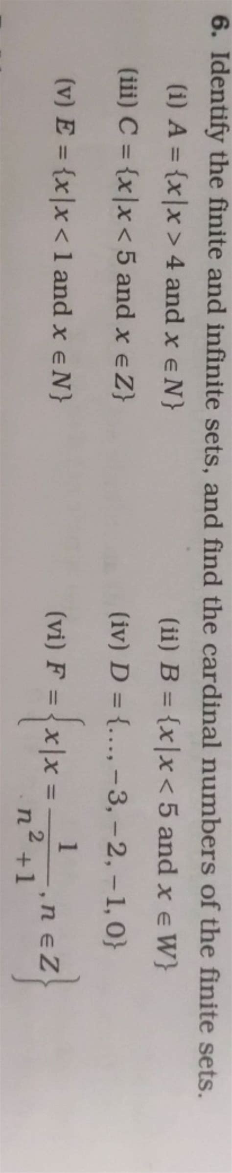 6 Identify The Finite And Infinite Sets And Find The Cardinal Numbers O