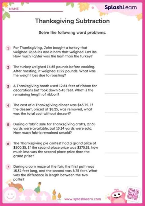 Subtract Decimal Numbers With 2 Decimal Place Thanksgiving Word Problems Worksheet