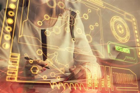 premium photo multi exposure of woman hands working on computer and