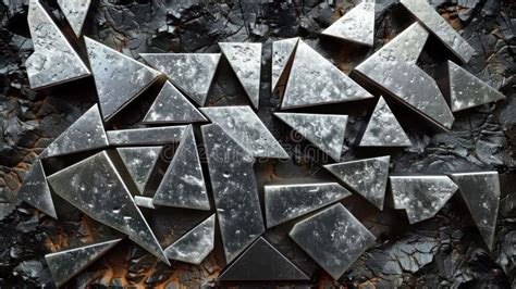 An Abstract Arrangement Of Reflective Triangular Shapes On A Textured Dark Surface Stock