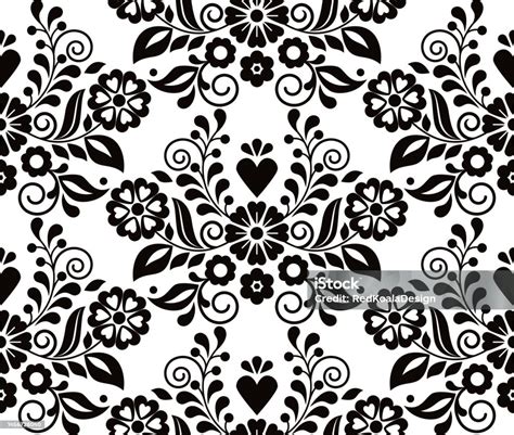 멕시코 복고풍 장식 꽃 자수 스타일 벡터 Samless 패턴 섬유 또는 패브릭 프린트 디자인 흑백으로 멕시코의 민속 예술에서 영감을 얻은 검은색에 대한 스톡 벡터 아트 및