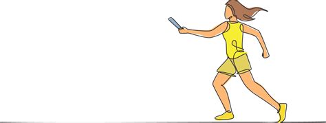 One Continuous Line Drawing Of Young Sporty Runner Woman Try To Pass Baton Stick To Her Teammate