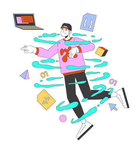 Asian Man Web Developer In Coding Whirlpool D Illustration Concept Programmer With Laptop In