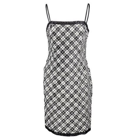 90s Bill Blass Black And White Embellished Plaid Cocktail Dress For