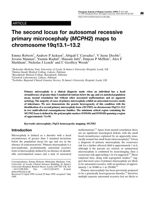 Pdf The Second Locus For Autosomal Recessive Primary Microcephaly Mcph2 Maps To Chromosome
