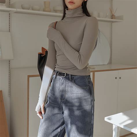 커먼유니크 제인드 기모 골지 베이직 하이 넥 크롭 워머 티 가을간절기겨울이너기모티셔츠기모티폴라넥데일리룩