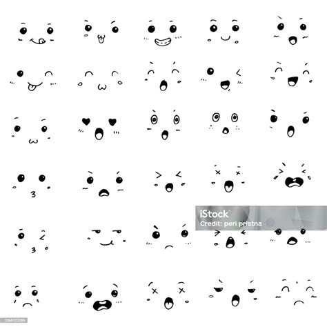 손으로 그린 벡터 낙서 카와이이 귀여운 얼굴 이모티콘 아이콘 스케치 일러스트레이션세트 감정에 대한 스톡 벡터 아트 및 기타 이미지 감정 검은색 귀여운 Istock