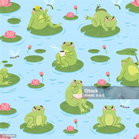 만화 개구리 패턴입니다 귀여운 재미 있는 개구리 완벽 한 벽지 늪 백합 연꽃 아기 어린이 추상 인쇄 패브릭 섬유와 물 연못에 두꺼비 낙서 멋진 벡터 일러스트 레이 션