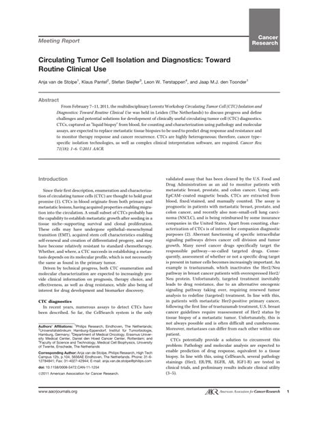 Pdf Circulating Tumor Cell Isolation And Diagnostics Toward Routine