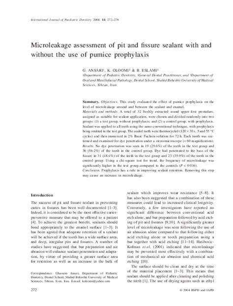 Pdf Microleakage Assessment Of Pit And Fissure Sealant With And Without The Use Of Pumice