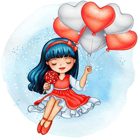 دختر زیبای آبرنگ که بادکنک های صورتی عاشقانه در دست دارد 1594841