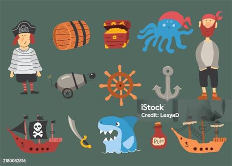 귀여운 해적 요소 컬렉션 만화 바다 모험 아이템 세트 벡터 일러스트 레이 션 가공의 인물에 대한 스톡 벡터 아트 및 기타 이미지 가공의 인물 개체 그룹 검 Istock