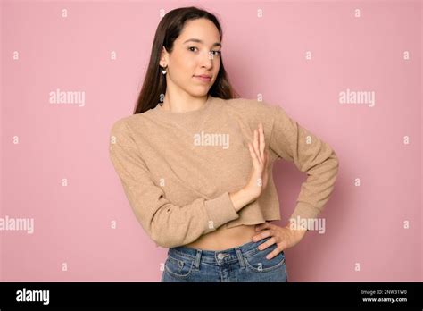 Photo Portrait Of Young Clueless Girl Showing Enough No Keeping