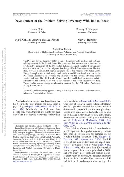 Pdf Development Of The Problem Solving Inventory With Italian Youth