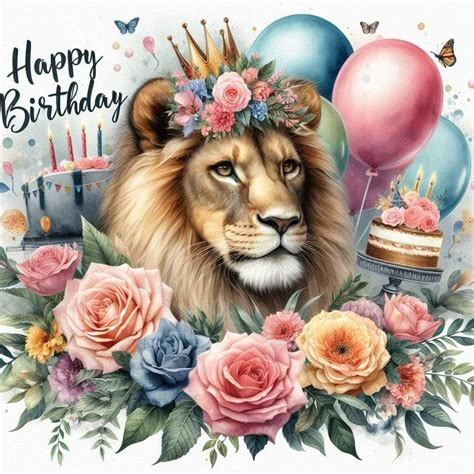 Happy Birthday Card With Lion And Balloons