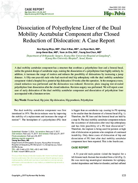 Pdf Dissociation Of Polyethylene Liner Of The Dual Mobility Acetabular Component After Closed