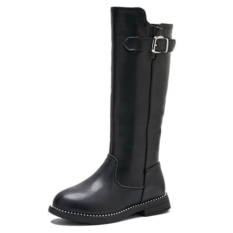 Dadawen Girls Black Knee High Boots Waterproof Leather Faux Fur Lined