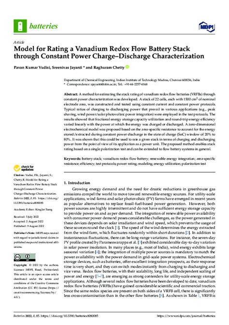 Pdf Model For Rating A Vanadium Redox Flow Battery Stack Through