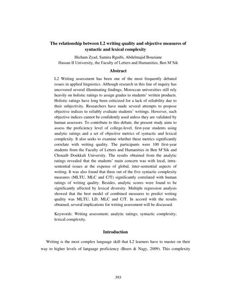 Pdf The Relationship Between L2 Writing Quality And Objective Measures Of Syntactic And