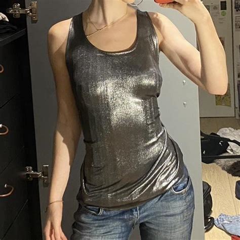 Silver Metallic Tank Top Cute And Fitted Perfect Depop