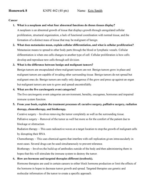 HW 8 Homework Assignment Homework 8 KNPE 462 40 Pts Name Kris Smith Cancer 1 What Is A