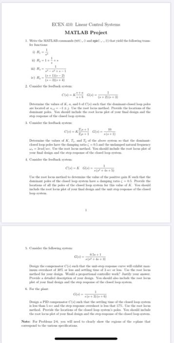 Solved Ecen 410 Liner Control Systems Matlab Project 1