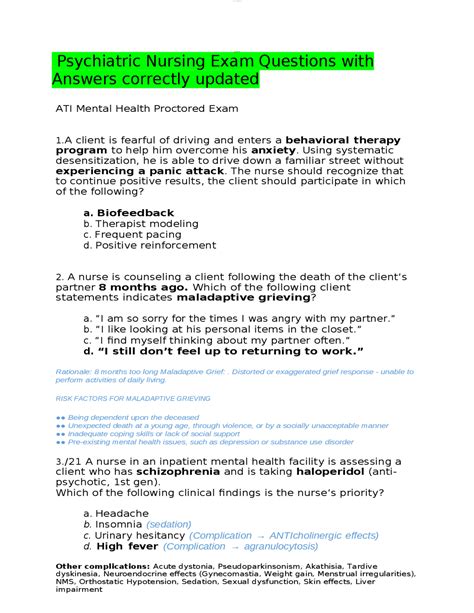 Psychiatric Nursing Exam Questions With Answers Exams Nursing Docsity