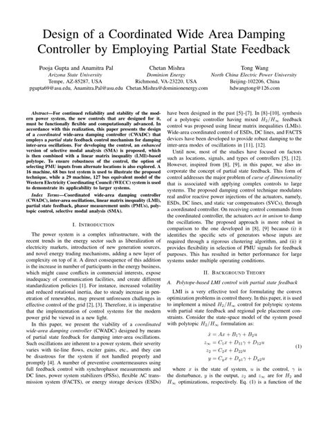 Pdf Design Of A Coordinated Wide Area Damping Controller By Employing Partial State Feedback