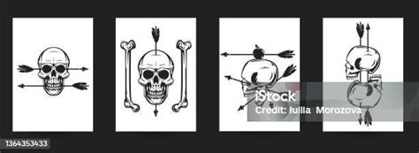 흰색 배경에 고립 된 흑백 빈티지 스타일의 두개골이있는 손으로 그린 예술 구성 세트 배너 포스터 문신에 대한 컬렉션 템플릿 현대적인 디자인 요소 벡터 그림입니다 Dj에 대한