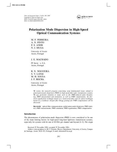 Pdf Polarization Mode Dispersion In High Speed Optical Communication Systems