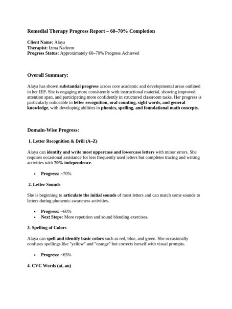 Remedial Therapy Progress Report Alaya Pdf Linguistics Learning
