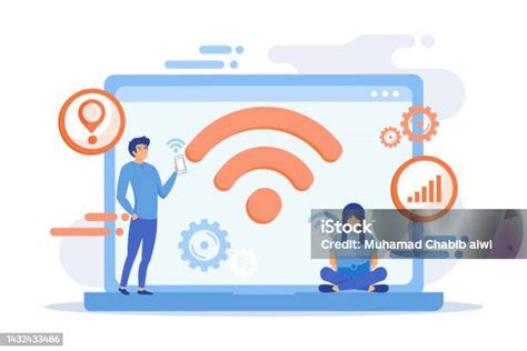 Wifi 연결이있는 랩톱 및 스마트 폰을 사용하는 비즈니스 사람들 Wifi 연결 와이파이 통신 기술 무료 인터넷 서비스 개념 플랫 벡터 현대 일러스트 레이 션 개념에 대한