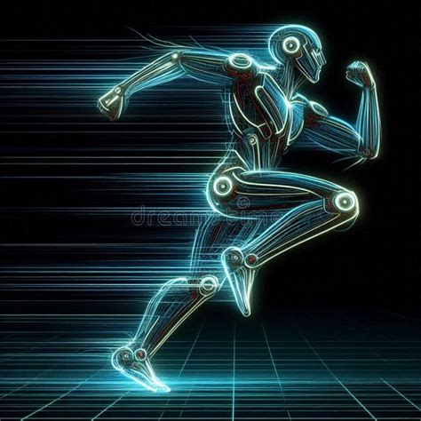 Colorful Neon Digital Art Of Running Humanoid Robot Dynamic Posture Stock Illustration
