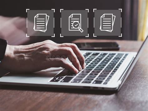 Businessman Typing Keyboard Show Virtual Screen Icons Document