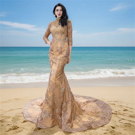 High Neck Three Quarter Sleeve Champagne Gold Prom Dress Evening Gown