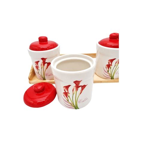 Set 3 Piese Condimente Ceramica Alb Rosu Floral 34x14 Cm Emag Ro