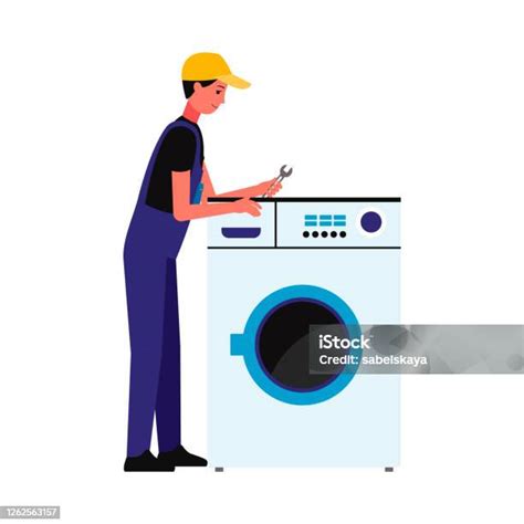 스패너 플랫 벡터 일러스트가 분리 된 세탁기 근처의 수리공 건설 기계류에 대한 스톡 벡터 아트 및 기타 이미지 건설 기계류 건설 산업 기술자 Istock