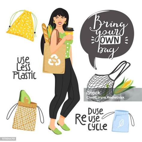 에코 가방 여성 및 레터링제로 폐기물 제로 컨셉 세련 된 타이포그래피 슬로건 디자인 자신의 가방을 가지고 표지판 0에 대한 스톡
